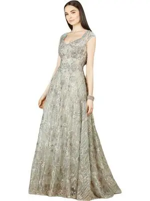 LARA NEW YORK Cap Sleeve V-neck Lace Gown - Slate