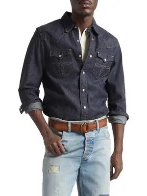 Double Rl Buffalo West Slim Fit Denim Western Snap-up Shirt - Rinse