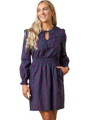 HOPE & HENRY Smocked Keyhole Dress - Navy Holiday Check