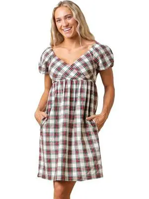 HOPE & HENRY Organic Puff Sleeve Crossover Dress - Ivory Holiday Tartan