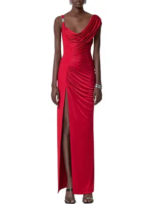 Versace Versace Draped Viscose Liquid Jersey Slit Gown Lipstick Red