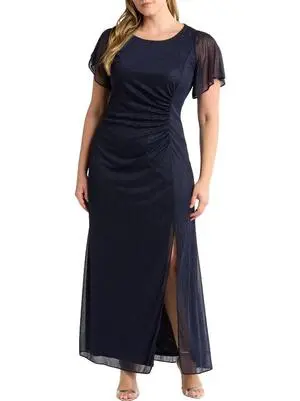 SL FASHIONS Flutter Sleeve Metallic Gown - Navy