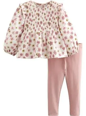 Nordstrom Smocked Long Sleeve Top & Leggings Set - Pink- Ivory Presses Flower