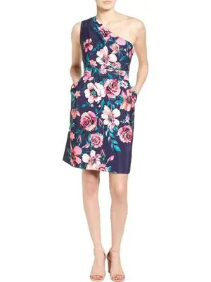 Eliza J One-shoulder Floral Print Sheath Dress - Navy/pink