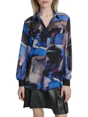 Dkny Floral Print Long Sleeve Shirt - Blue Brush