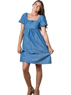 HOPE & HENRY Organic Ruched Chambray Dress - Pleated Chambray