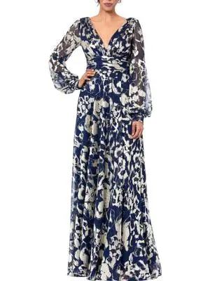 Betsy & Adam Floral Metallic Long Sleeve Gown - Navy/gold