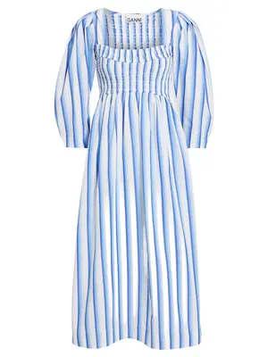 GANNI Shirred Striped Cotton-poplin Midi Dress - Blue