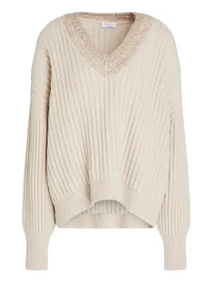 Brunello Cucinelli Sequin-Embellished Ribbed Cashmere Sweater Beige