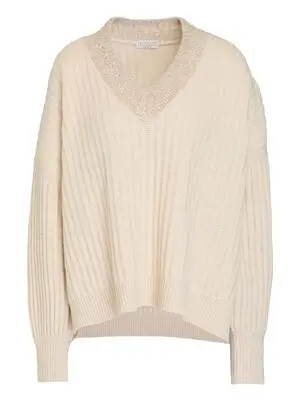 Brunello Cucinelli Sequin-embellished Ribbed Cashmere Sweater - Neutral