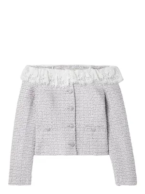 Alessandra Rich Off-the-shoulder Lace-trimmed Sequin-embellished Metallic Tweed Jacket - White