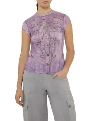 Guess Studded Denim Print Mesh T-shirt - Lux Orchid Multi