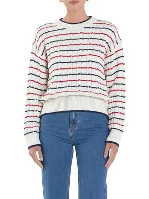 English Factory Stripe Cable Stitch Sweater - Off White