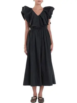 English Factory Ruffle Midi Dress - Black