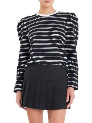 English Factory Stripe Puff Sleeve Top - Black/off White