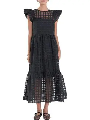 English Factory Check Organza Midi Dress - Black