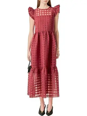 English Factory Check Organza Midi Dress - Maroon