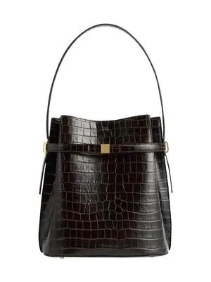 TOTEME Belted Croco-embossed Bucket Bag - Dark Brown