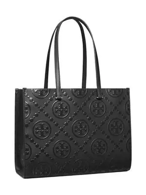 Tory Burch T Monogram Embossed Leather Tote - Black/black