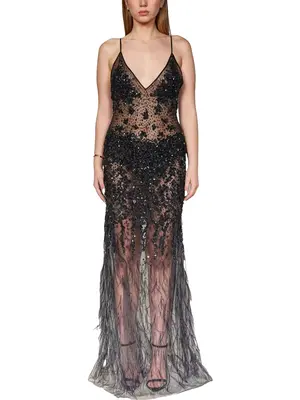 ROOM76 Sequin-feather Embellished V-neck Dress - Black