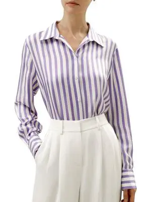 Lilysilk Classic Striped Silk Shirt - Lilac-white Pinstripes