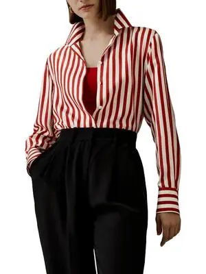 Lilysilk Classic Striped Silk Shirt - Red White Pinstripes