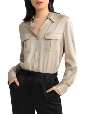 Lilysilk Sandwashed Silk Shirt With Epaulettes - Light Apricot