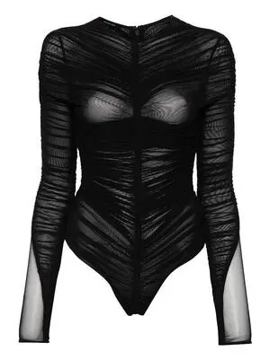MUGLER Semi-sheer Gathered Bodysuit - Black