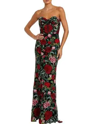 Mac Duggal Floral Embroidered Bustier Column Gown - Black Multi