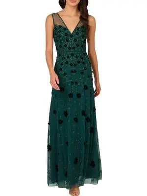 Adrianna Papell Embellished Mesh Overlay A-line Gown - Gem Green