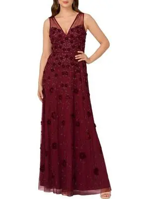 Adrianna Papell Embellished Mesh Overlay A-line Gown - Mahogany