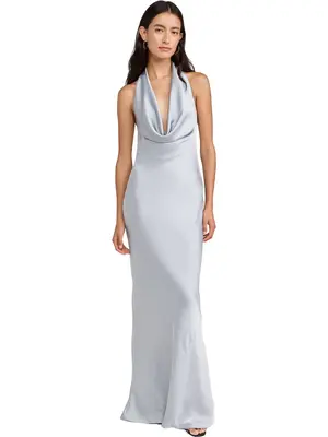 Norma Kamali Halter Drape Bias Gown - Silver