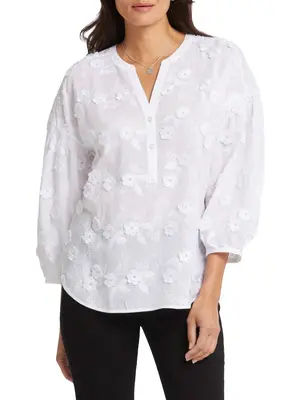 NYDJ Paulina Floral Embroidered Peasant Top - Optic White
