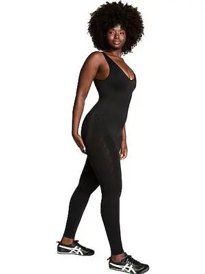 Pink Satin Seamless Plunge Workout Onesie Black