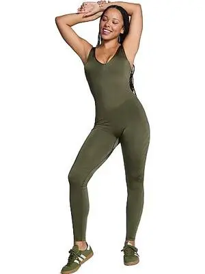 Pink Satin Seamless Plunge Workout Onesie Green