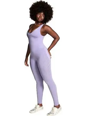 Pink Satin Seamless Plunge Workout Onesie Purple