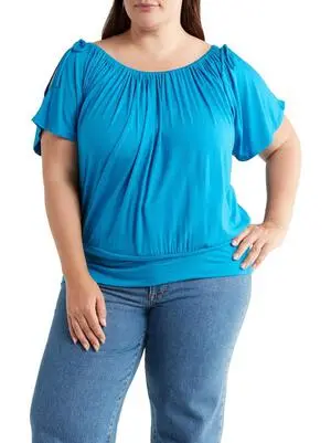 24SEVEN COMFORT APPAREL Banded Blouson Top - Turquoise