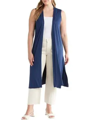 24SEVEN COMFORT APPAREL Open Front Long Vest - Navy