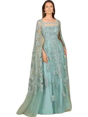 LARA NEW YORK Embellished Lace A-line Gown With Cape Sleeves - Darksage