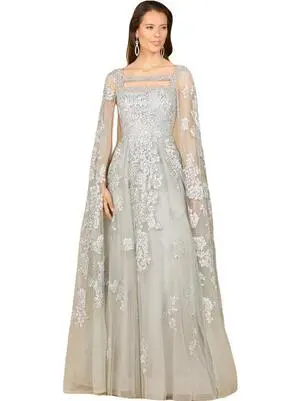 LARA NEW YORK Embellished Lace A-line Gown With Cape Sleeves - Silver