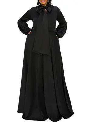 L I V D Bella Donna Long Sleeve Ribbon Tie Maxi Dress - Black