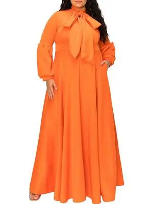 L I V D Bella Donna Long Sleeve Ribbon Tie Maxi Dress - Tangerine