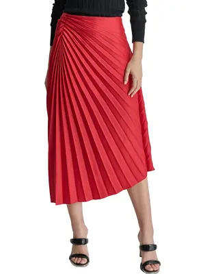 Dkny Asymmetric Hem Pleated Satin Skirt - Red Light