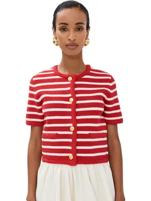 English Factory Knit Striped Cardigan - Red/white