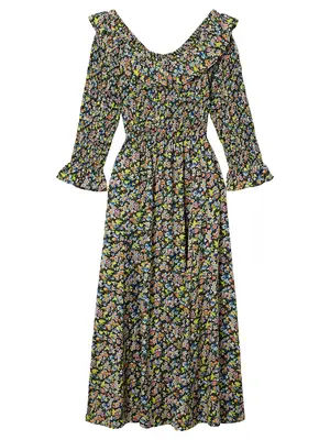 DÔEN Rosenda Ruffled Shirred Floral-print Midi Dress - Green
