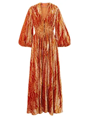 La DoubleJ Camerino Printed Velvet Maxi Dress - Orange