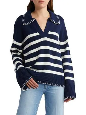 Rails Athena Stripe Cotton Polo Sweater - Navy Ivory Stripe