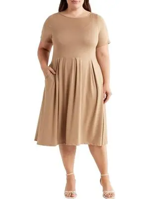 24SEVEN COMFORT APPAREL Stretch A-line Midi Dress - Taupe