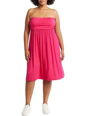 24SEVEN COMFORT APPAREL Strapless Jersey Midi Dress - Pink