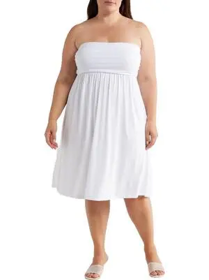 24SEVEN COMFORT APPAREL Strapless Jersey Midi Dress - White